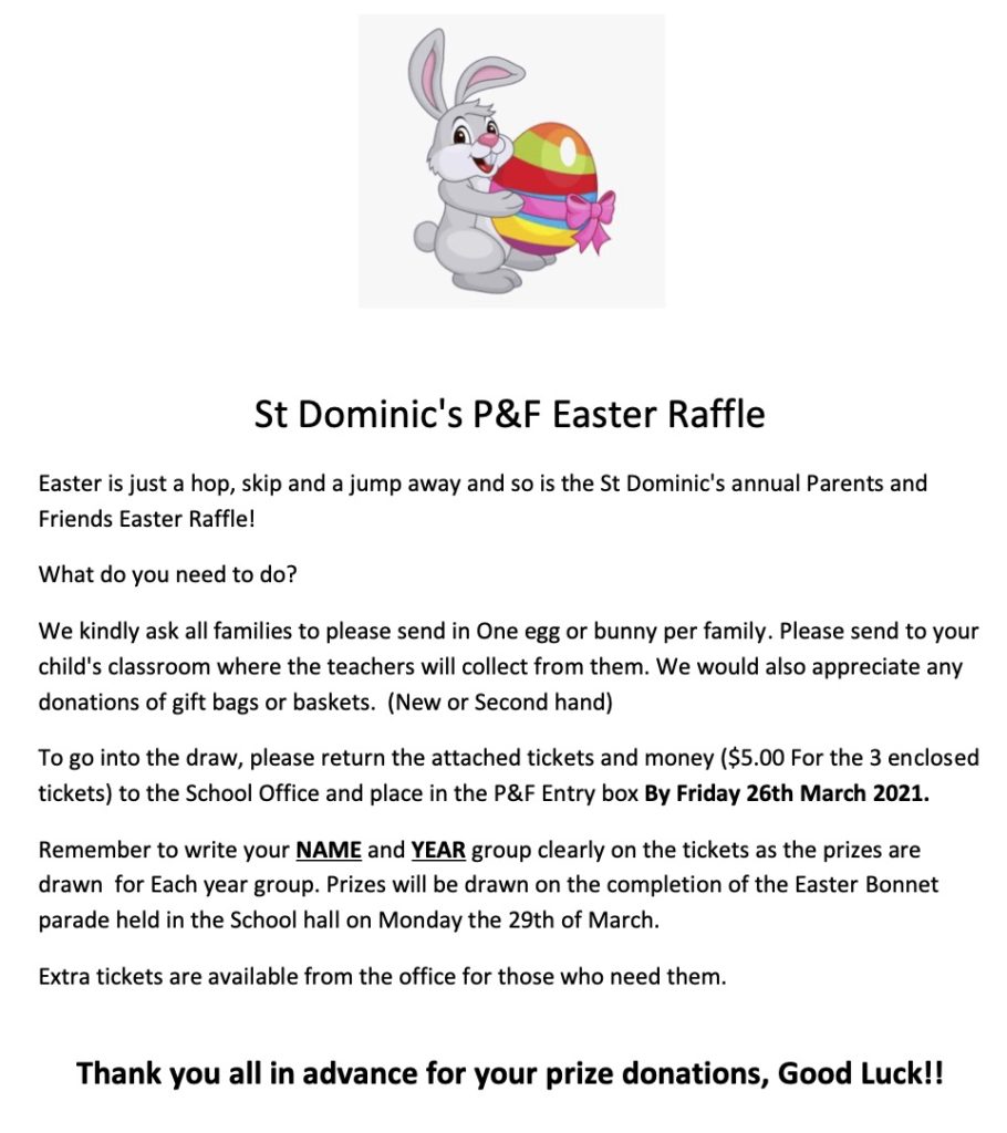 P&F Easter Raffle – Monday, 29th March – St Dominics